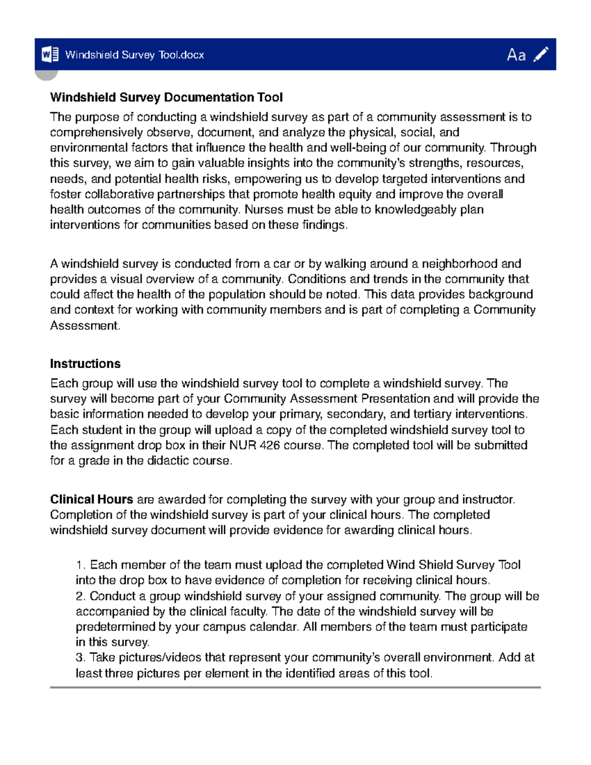 NUR 426 Windshield Survey Documentation Tool for Community Assessment ...