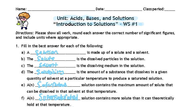 Acids, Bases, and Solutions WS - Chem 101 Homework Guide - Studocu