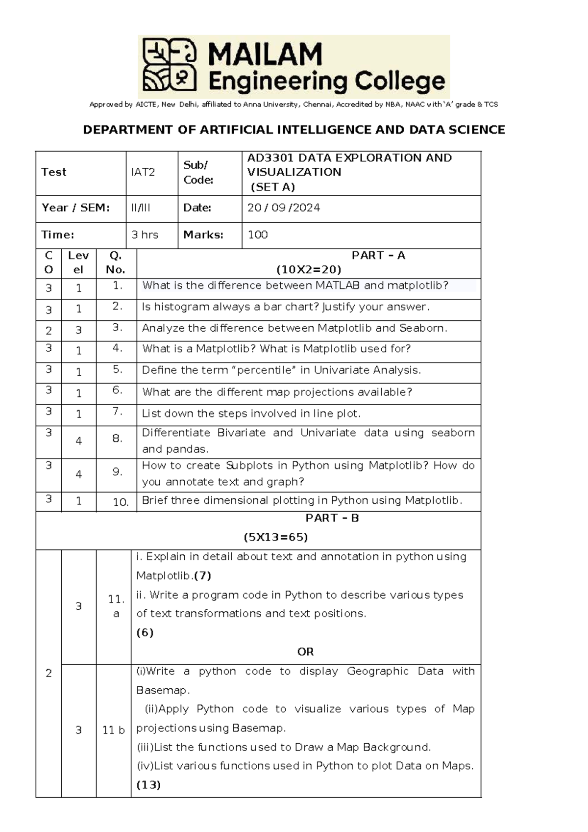IAT2 Question Paper - AD3301 Data Exploration & Visualization - Studocu