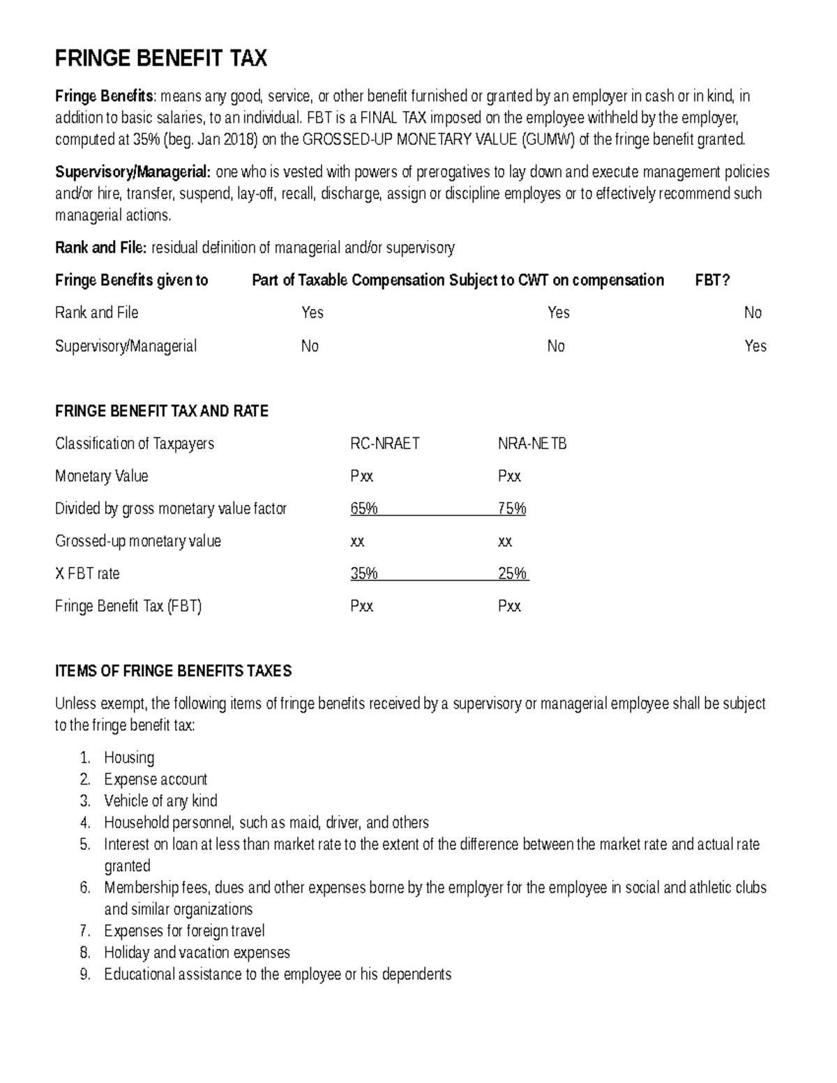 FRINGE BENEFIT TAX: Understanding Tax Implications and Valuation Rules - Studocu