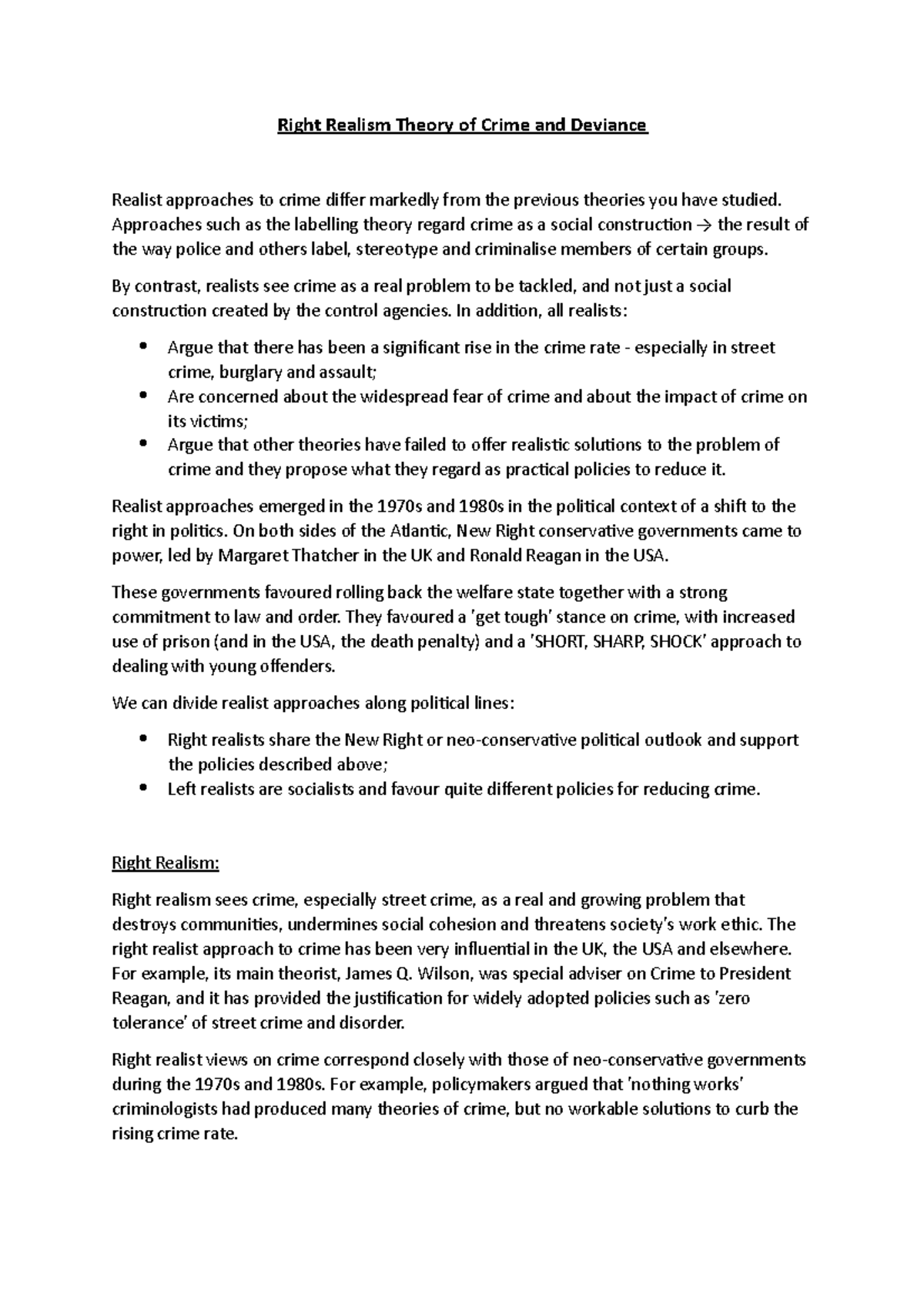 Right Realism Theory of Crime and Deviance: A Critical Evaluation - Studocu