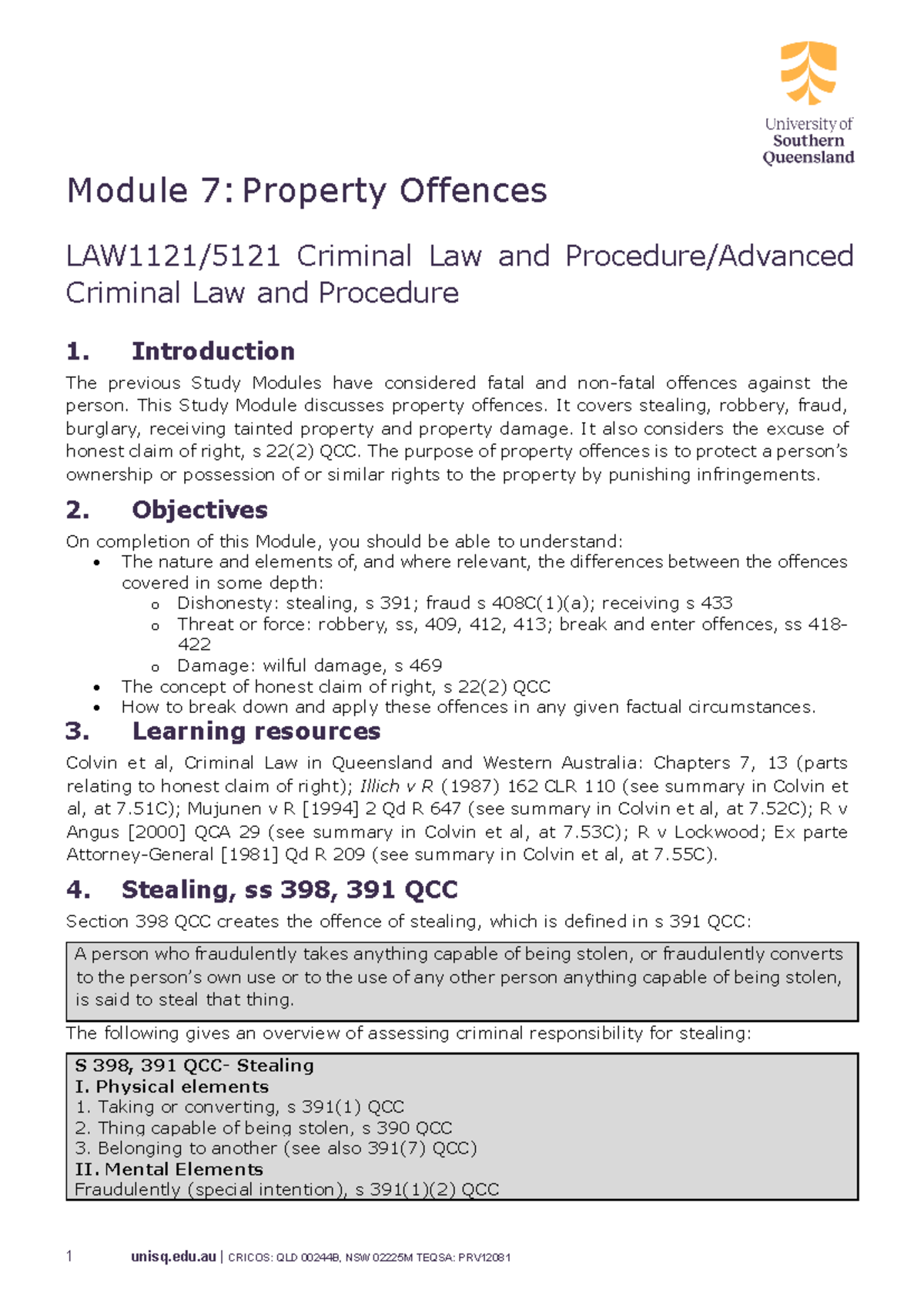 LAW1121 LAW5121 Module 7: Understanding Property Offences in Criminal ...