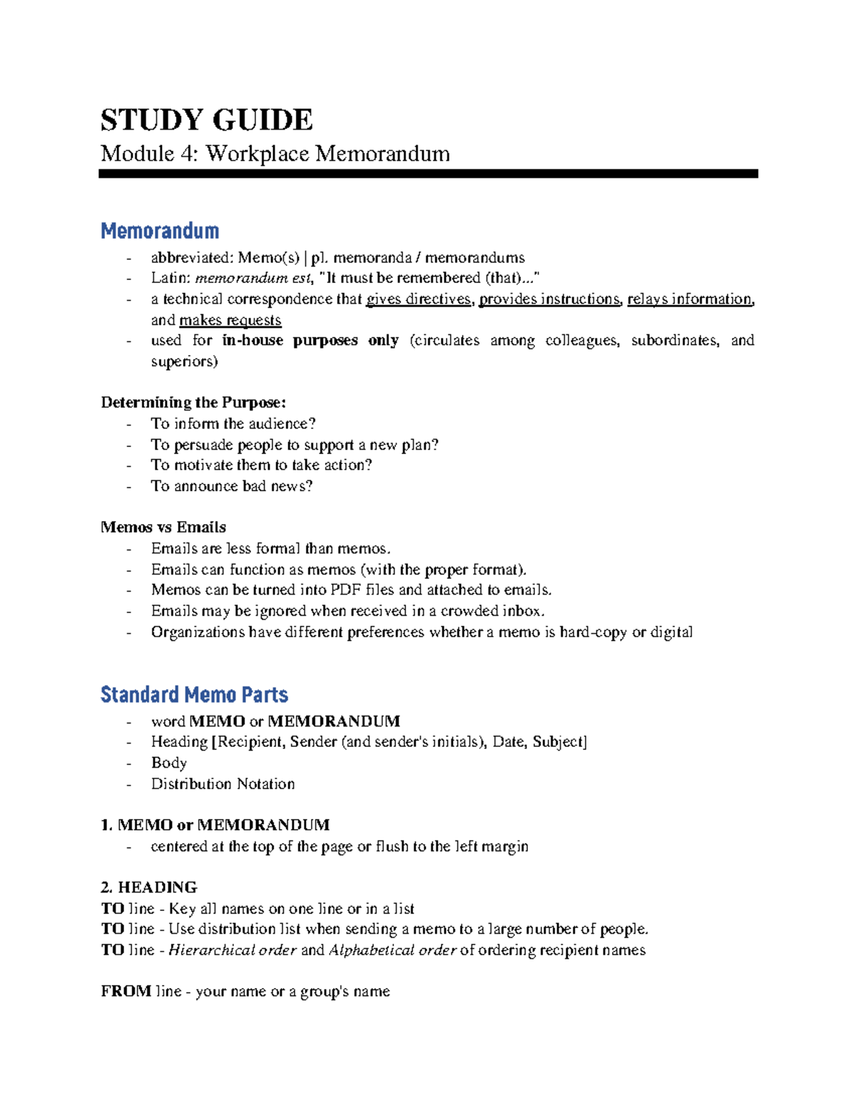 M4 Study Guide: Understanding Workplace Memos and Their Uses - Studocu