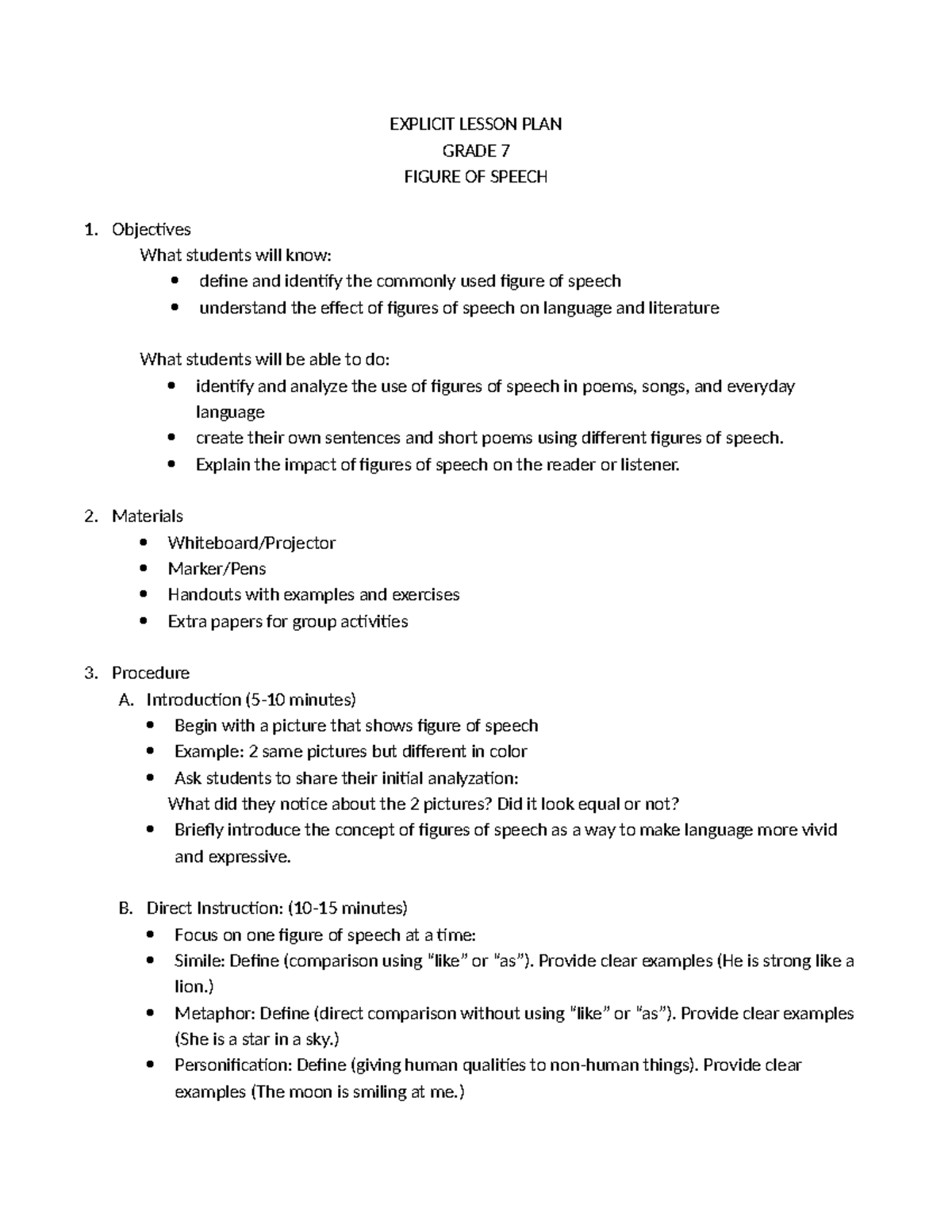 Explicit Lesson Plan for Grade 7: Figures of Speech - Studocu