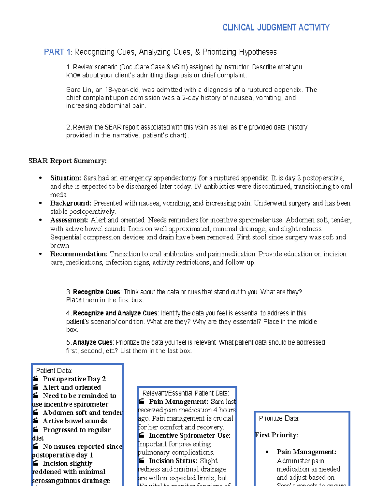 Clinical Judgment Activity: Sara Lin - vSim Case Study Analysis - Studocu