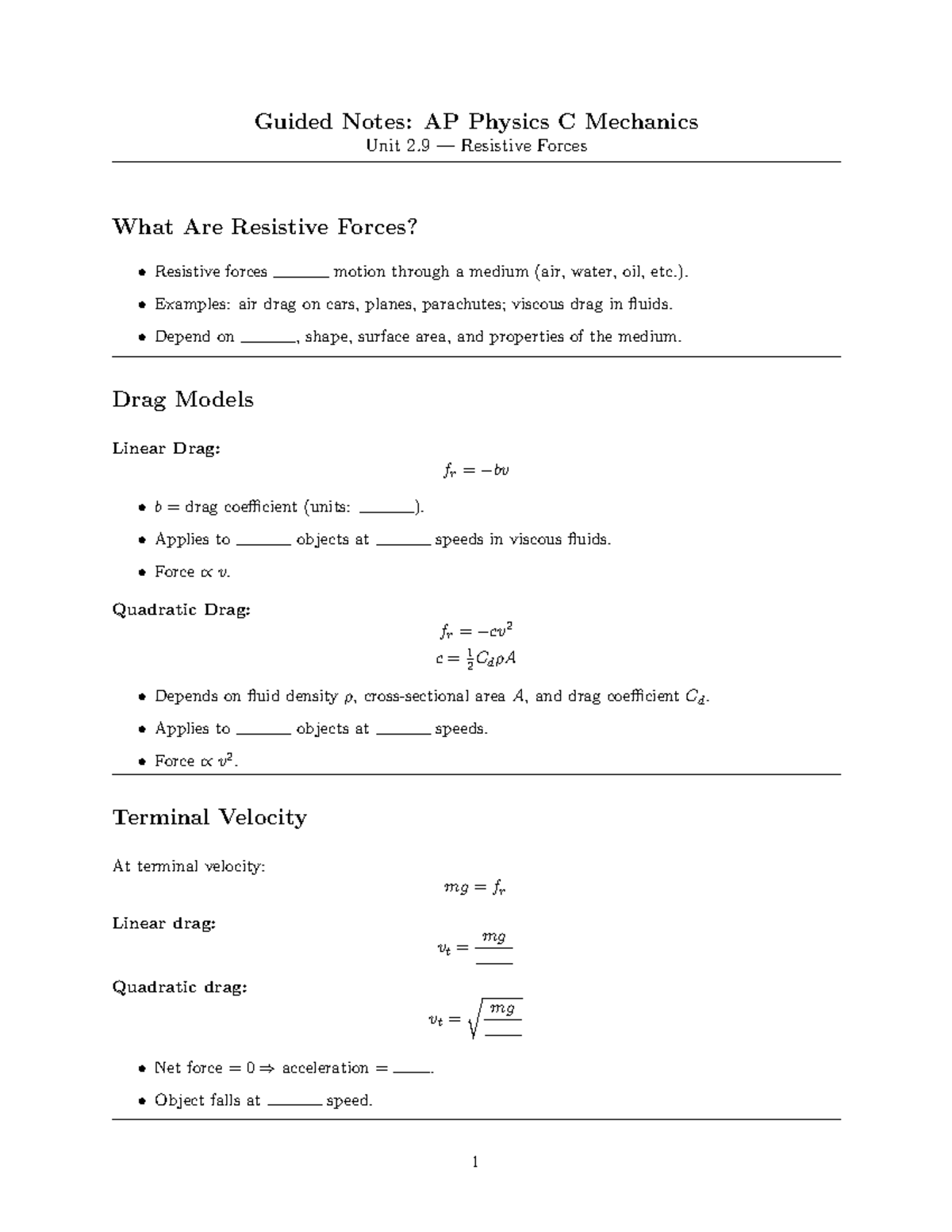 Guided Notes: AP Physics C Mechanics (Unit 2.9) - Resistive Forces ...