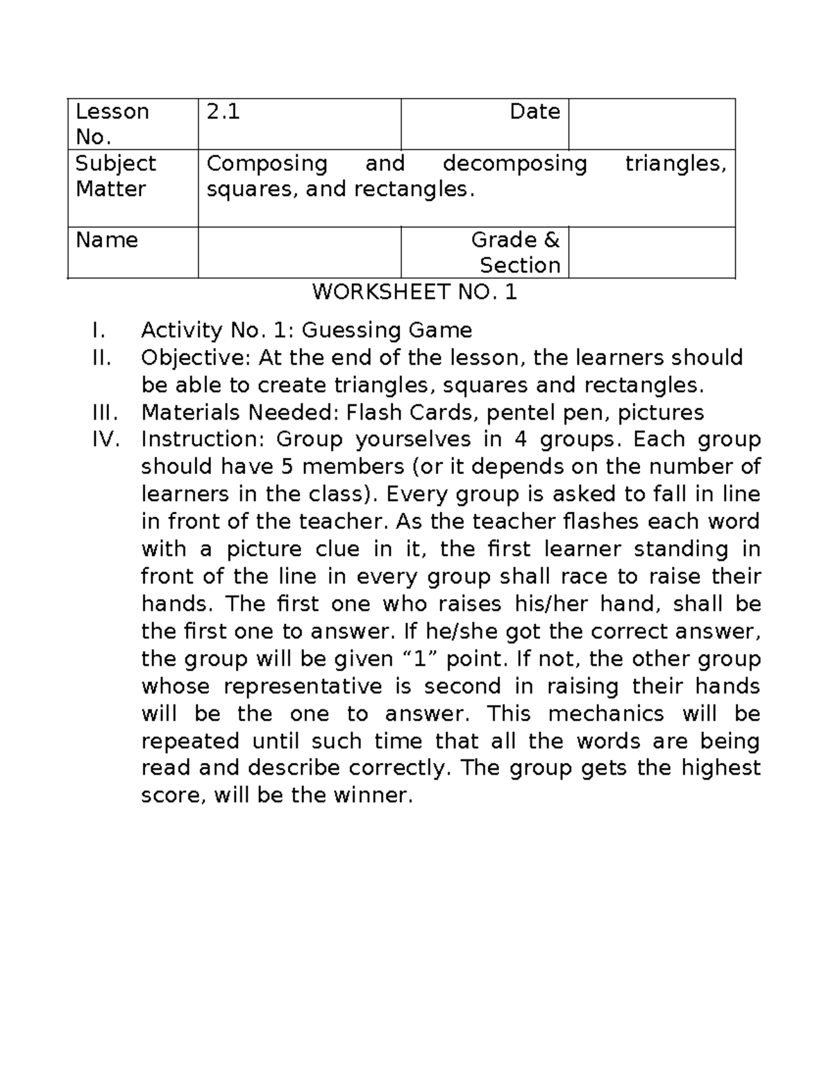 Worksheets 1, 2 & 3: Composing Shapes - Grade Section Activities - Studocu