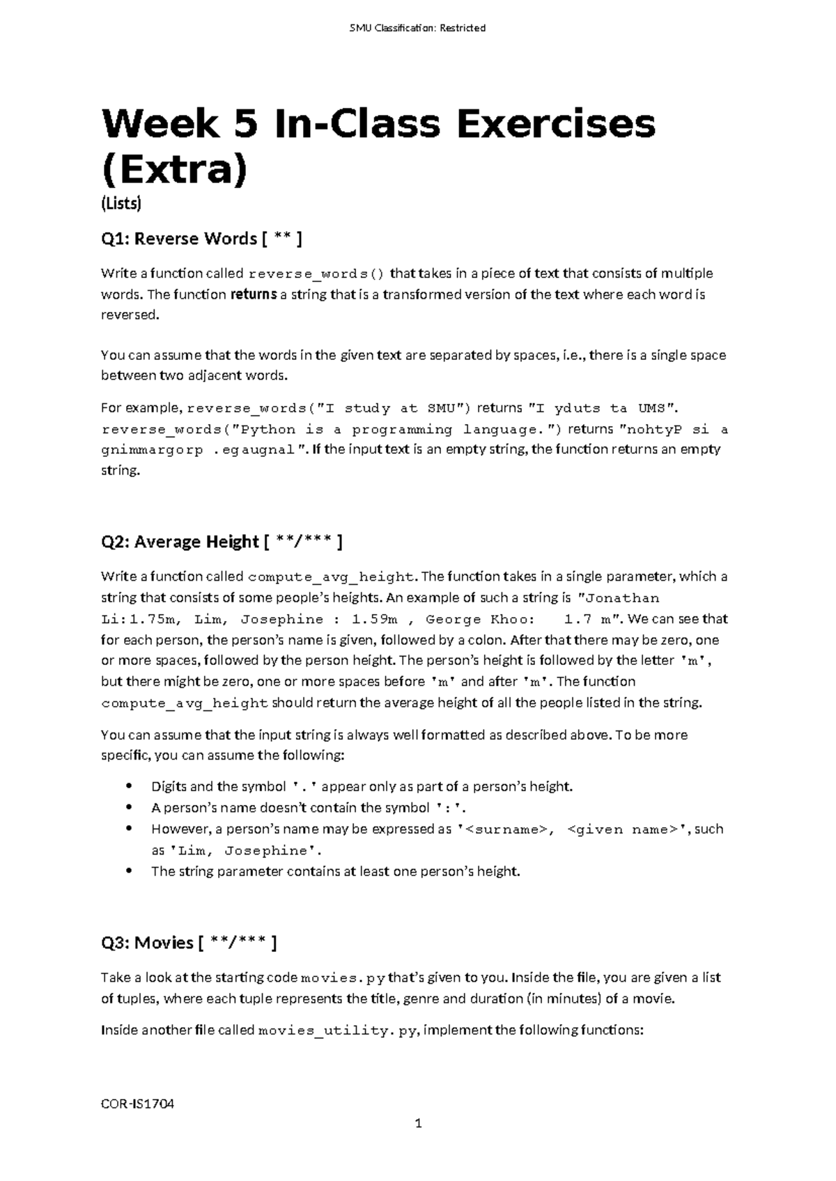 5. In-Class Exercises (Extra) - SMU Classification: Restricted Week 5 ...