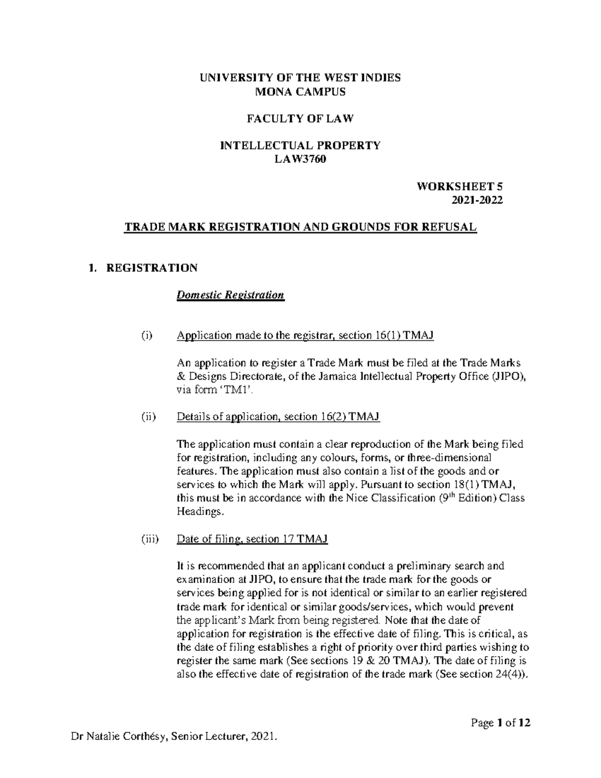 Intellectual Property Law Worksheet 5: Trade Mark Registration ...