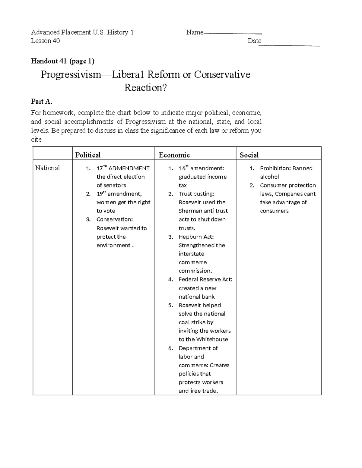 AP U.S. History 1 Lesson 40: Chart of Progressive Reforms - Studocu
