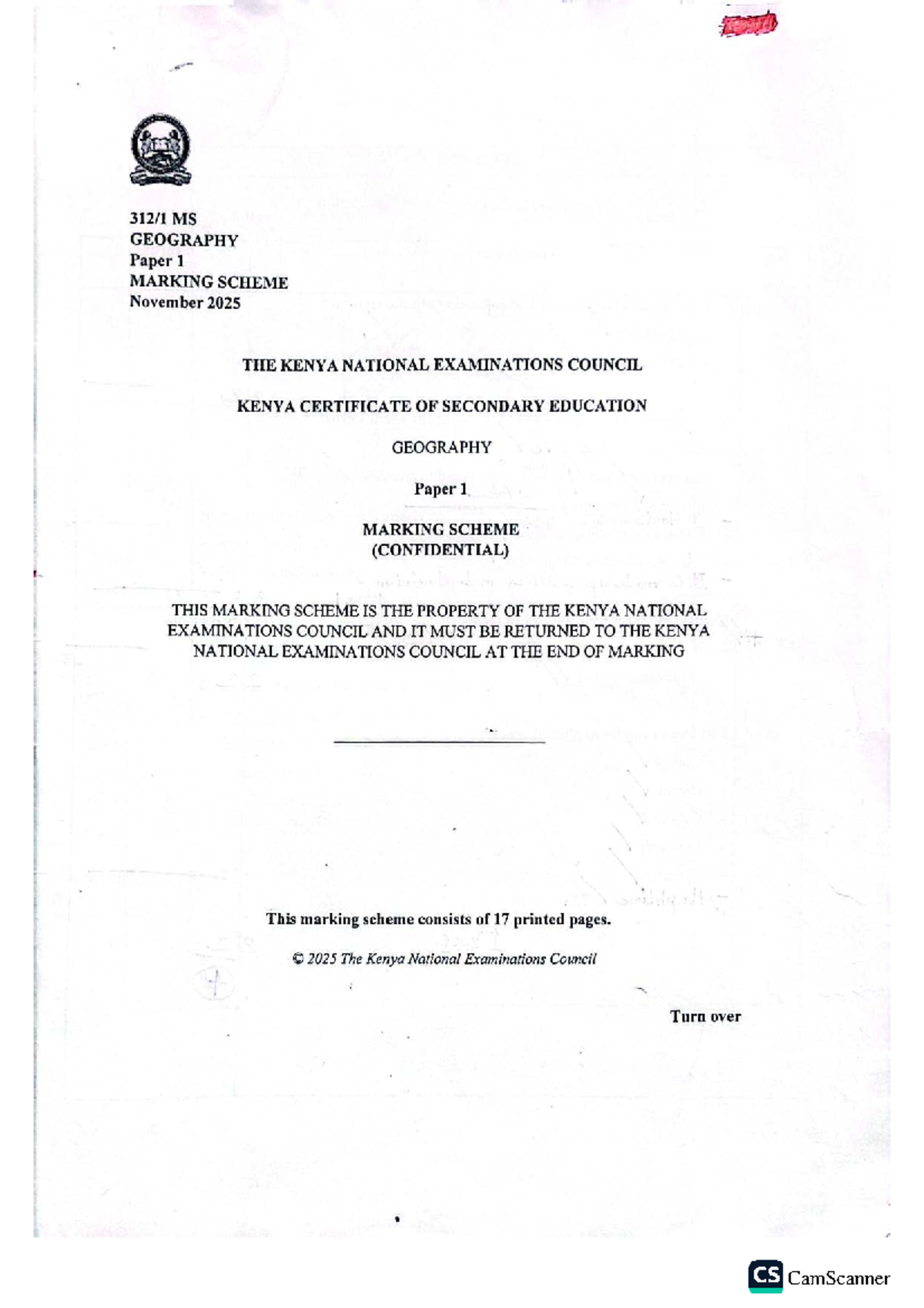KCSE GEOGRAPHY Paper 1 MARKING SCHEME - November 2025 - Studocu