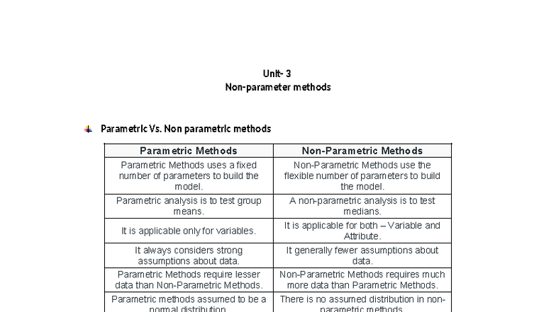 Unit 3 - Parametric vs Non-Parametric Methods Explained - Studocu