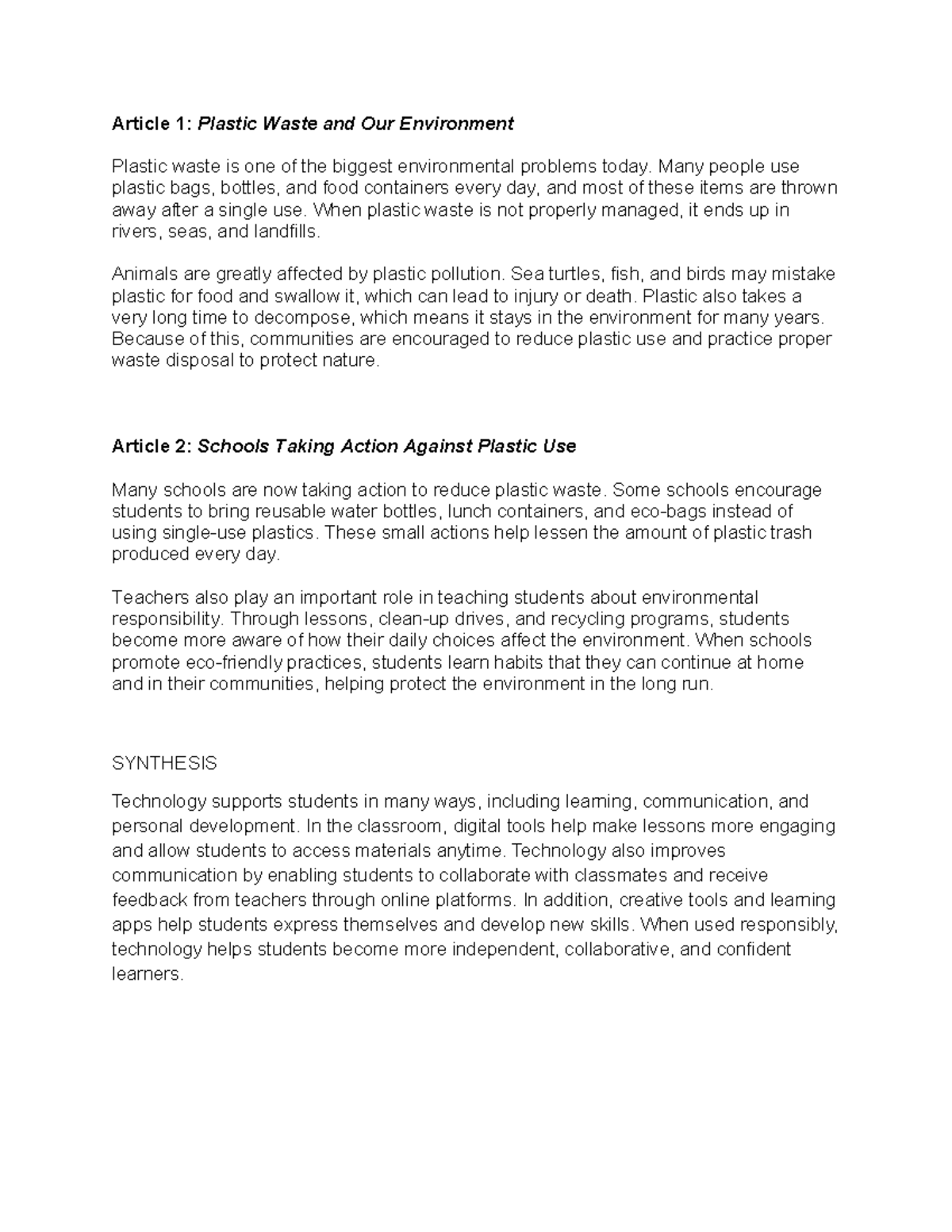 Synthesis: Addressing Plastic Waste and Technology in Education - Studocu
