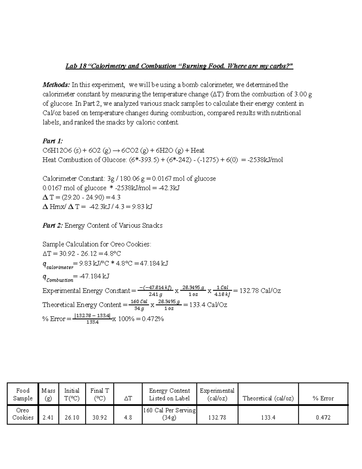 Chem 106 Lab 18: Calorimetry & Combustion of Food Samples - Studocu