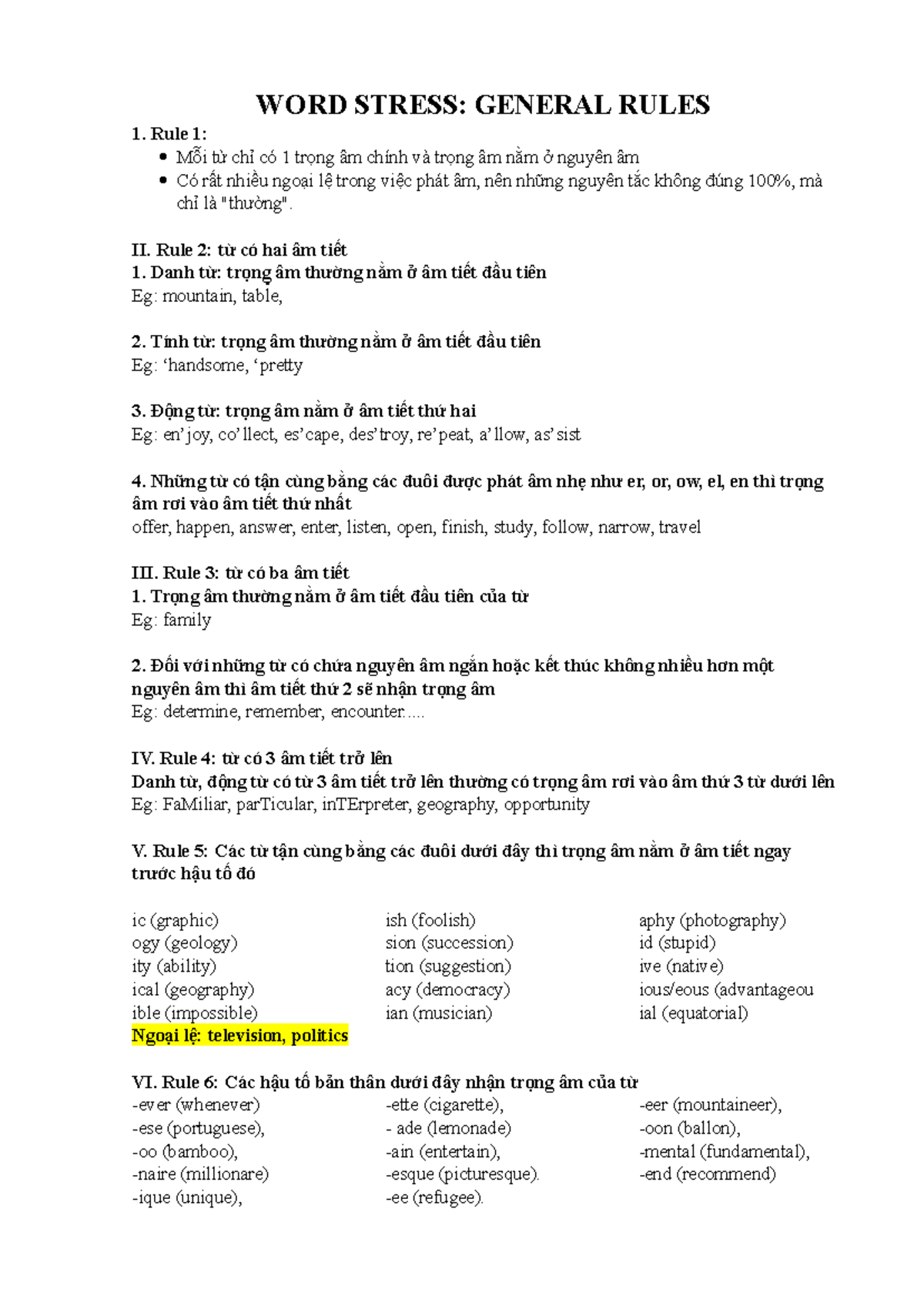 WORD STRESS: General Rules and Practice Exercises - Studocu