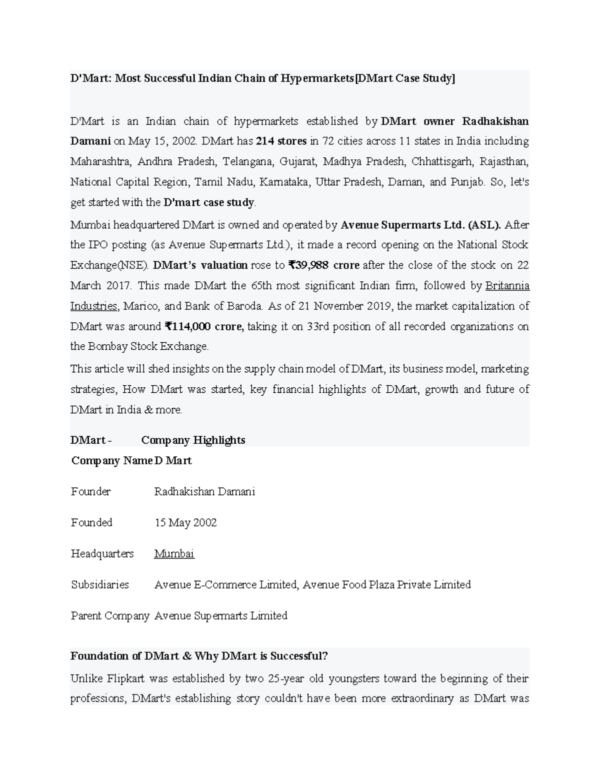 DMart Case Study: Insights into India's Hypermarket Giant - Studocu