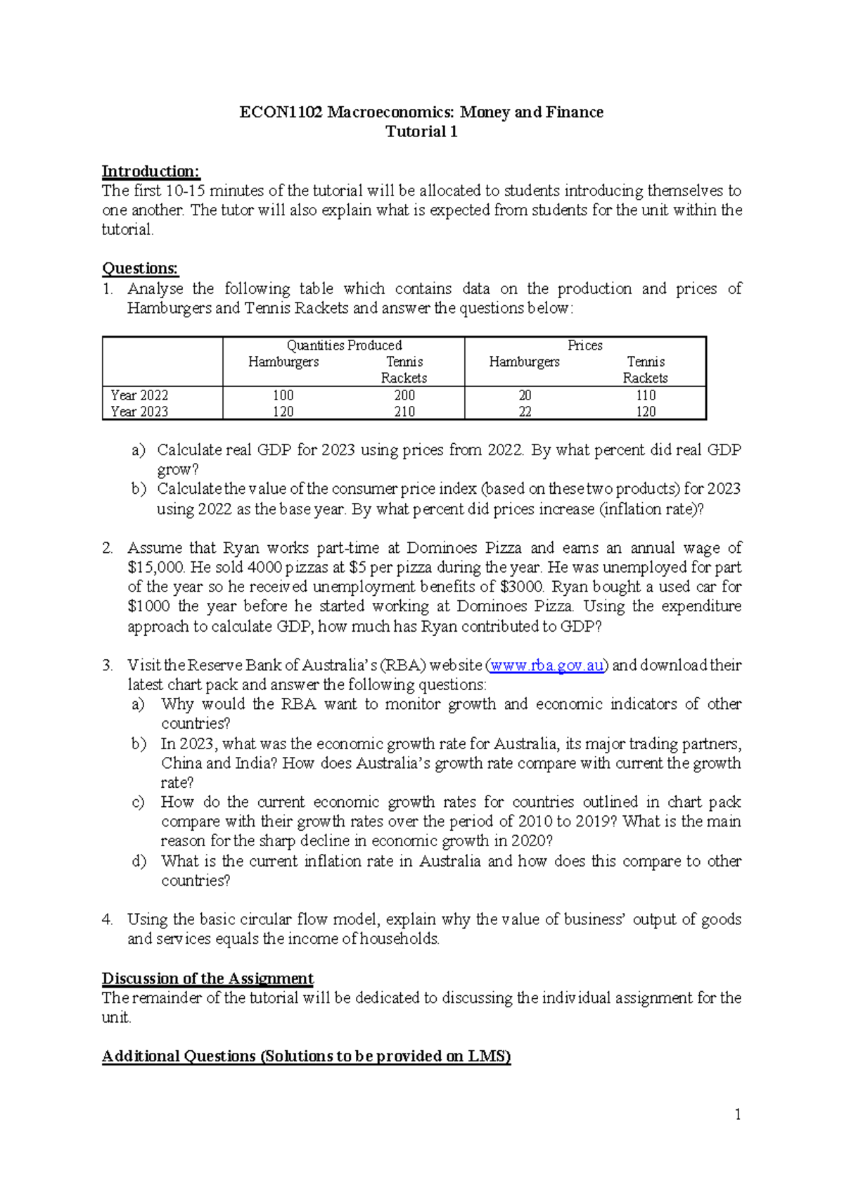 Tutorial 1 Questions - acc - 1 ECON1102 Macroeconomics: Money and ...
