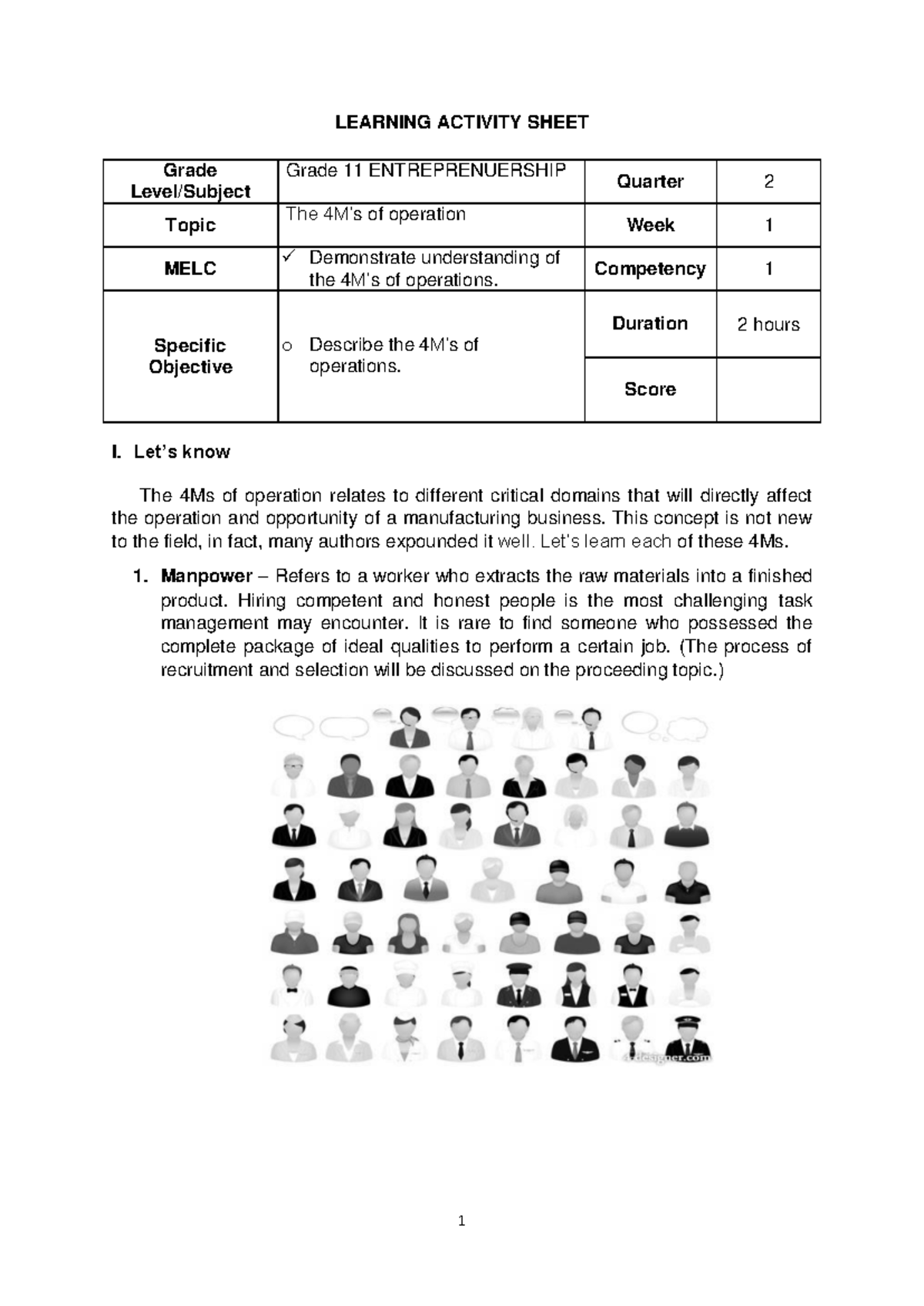 Q2-Entrepreneurship-11: Week 1 Overview of the 4Ms of Operation - Studocu