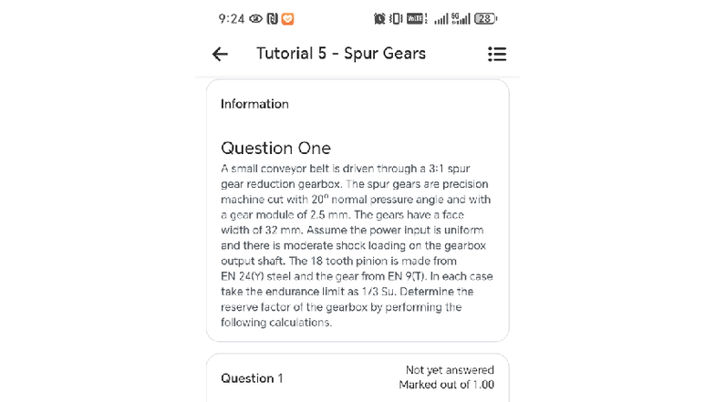 9:24 N VoLTE 5G 2 28 Tutorial 5 Spur Gears Questions and Calculations ...
