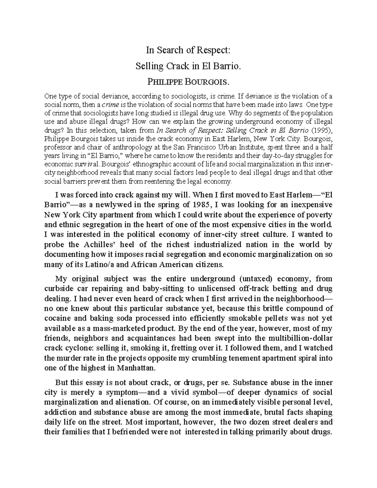 In Search of Respect: Life and Drug Economy in El Barrio (Final Exam ...