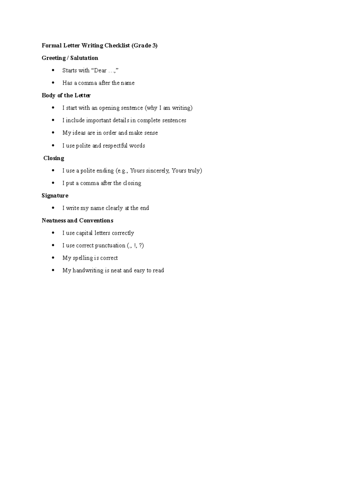 Grade 3 Formal Letter Writing Checklist Guide - Studocu