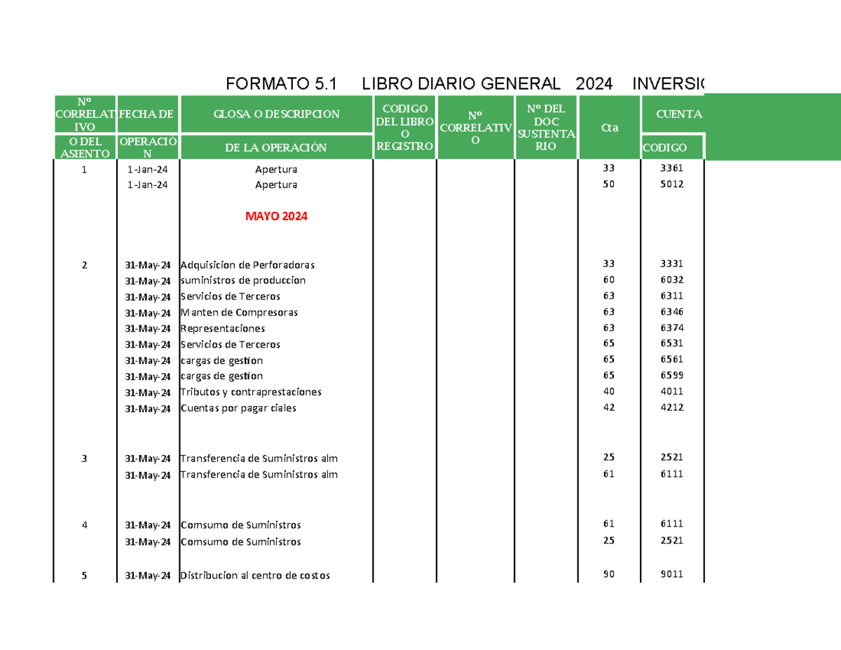 Formato Libro Diario General 2024 - Registro de Operaciones Contables ...