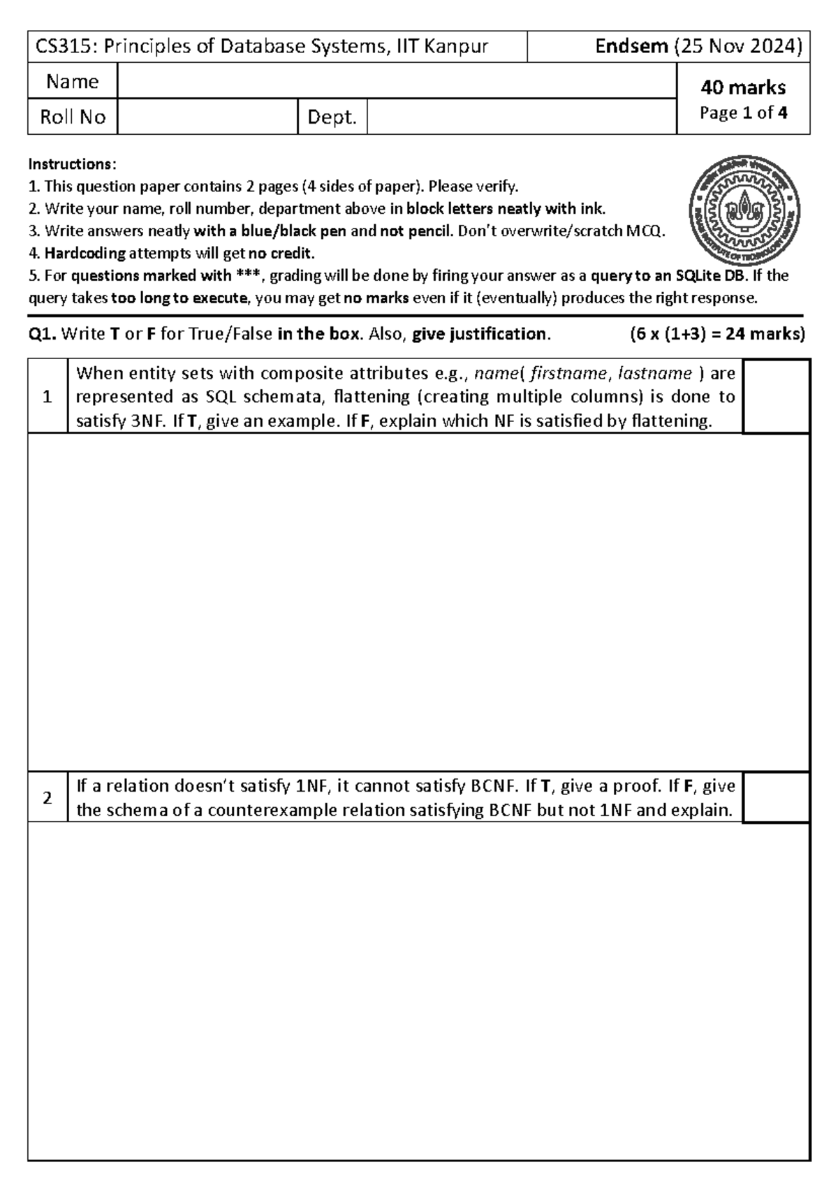 CS 315: DBMS Endsem Exam Questions (2025-2026) - Studocu