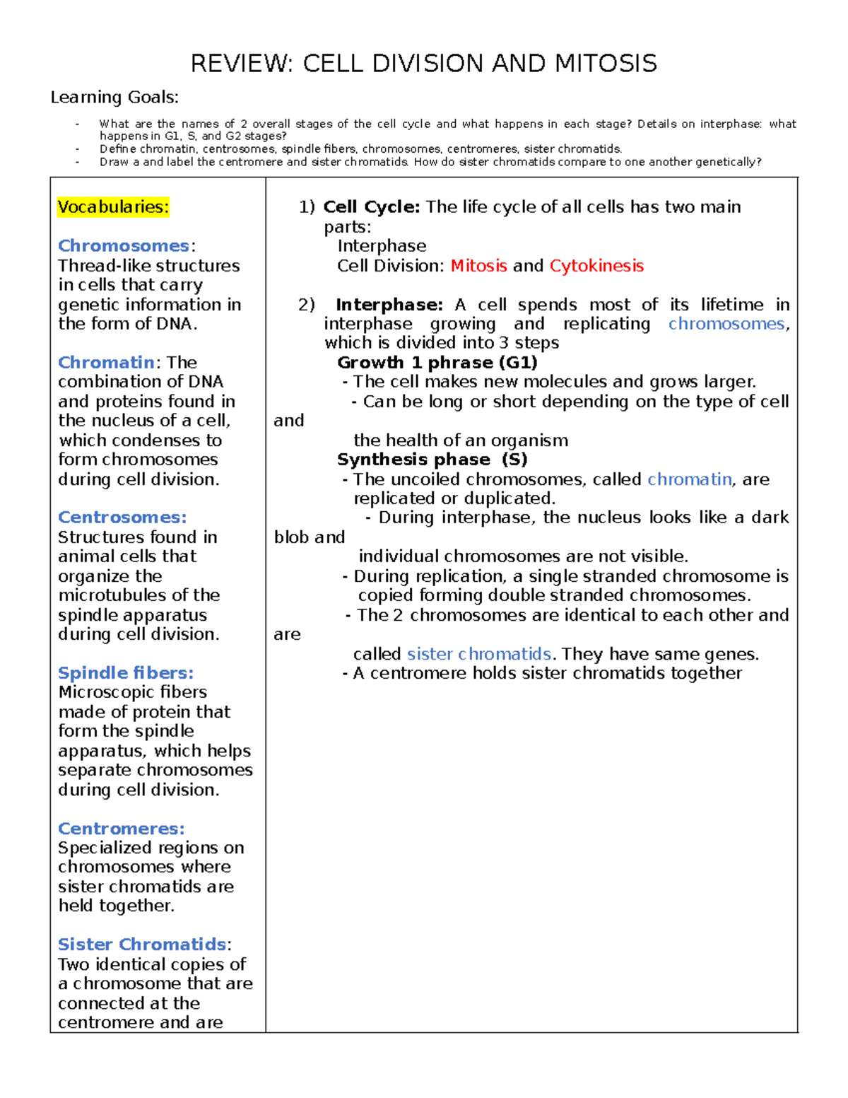 Biology 11 Review Cell Division and Mitosis - REVIEW: CELL DIVISION AND ...