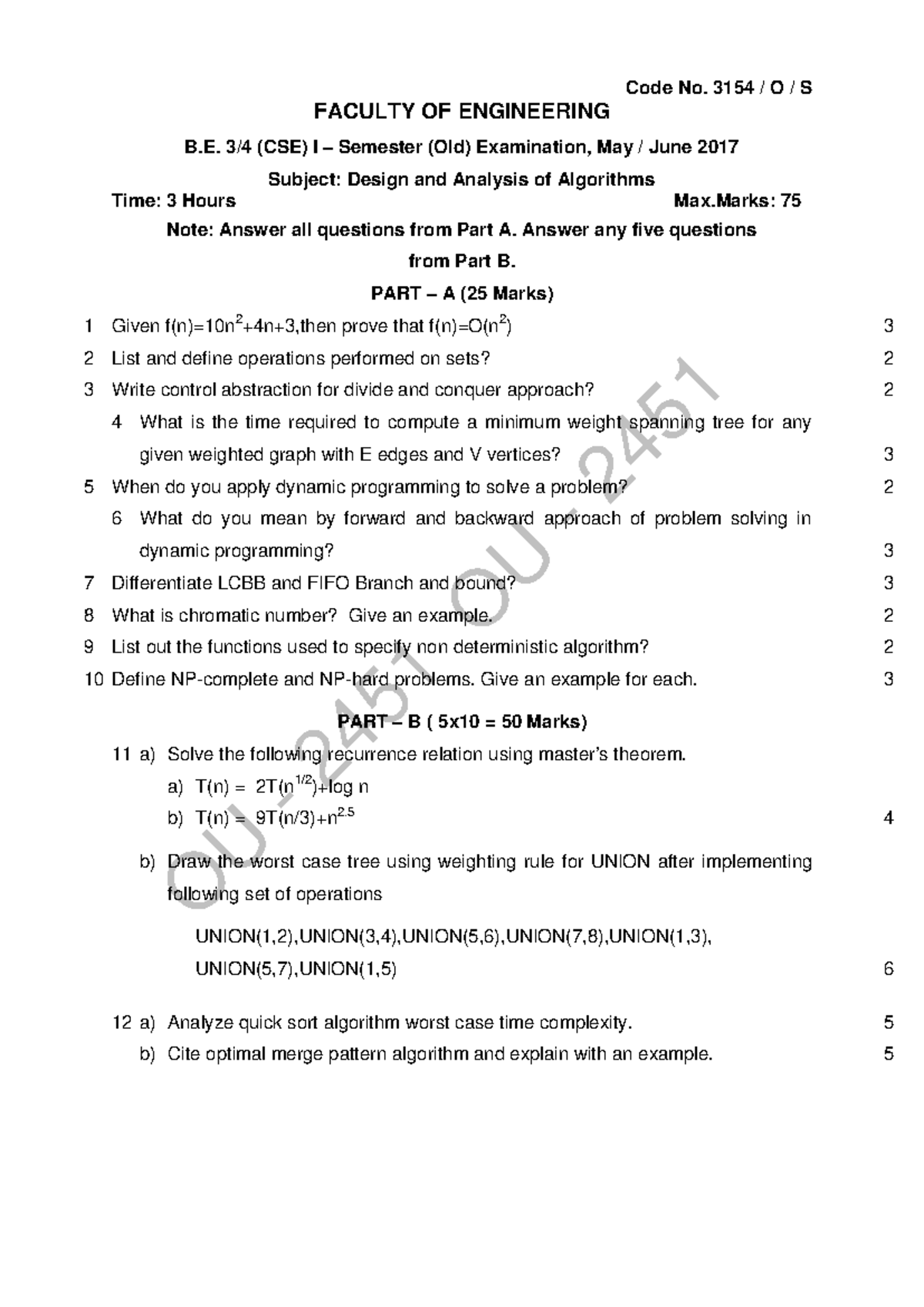 DAA 3154 - B.E. (CSE) I Sem Exam May-June 2017: Design & Analysis of ...