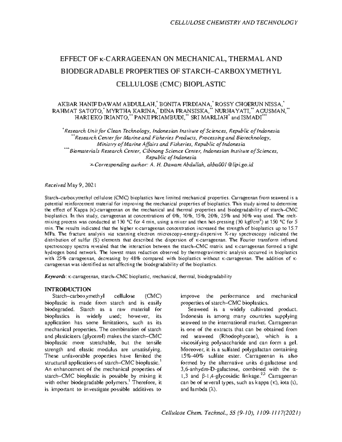 Effect of Kappa-Carrageenan on CMC Bioplastic Properties (CELL 2021 ...
