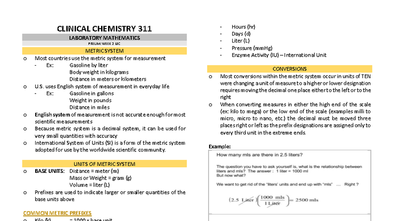 CC1 LEC: Clinical Chemistry Laboratory Mathematics - Week 2 Lecture ...