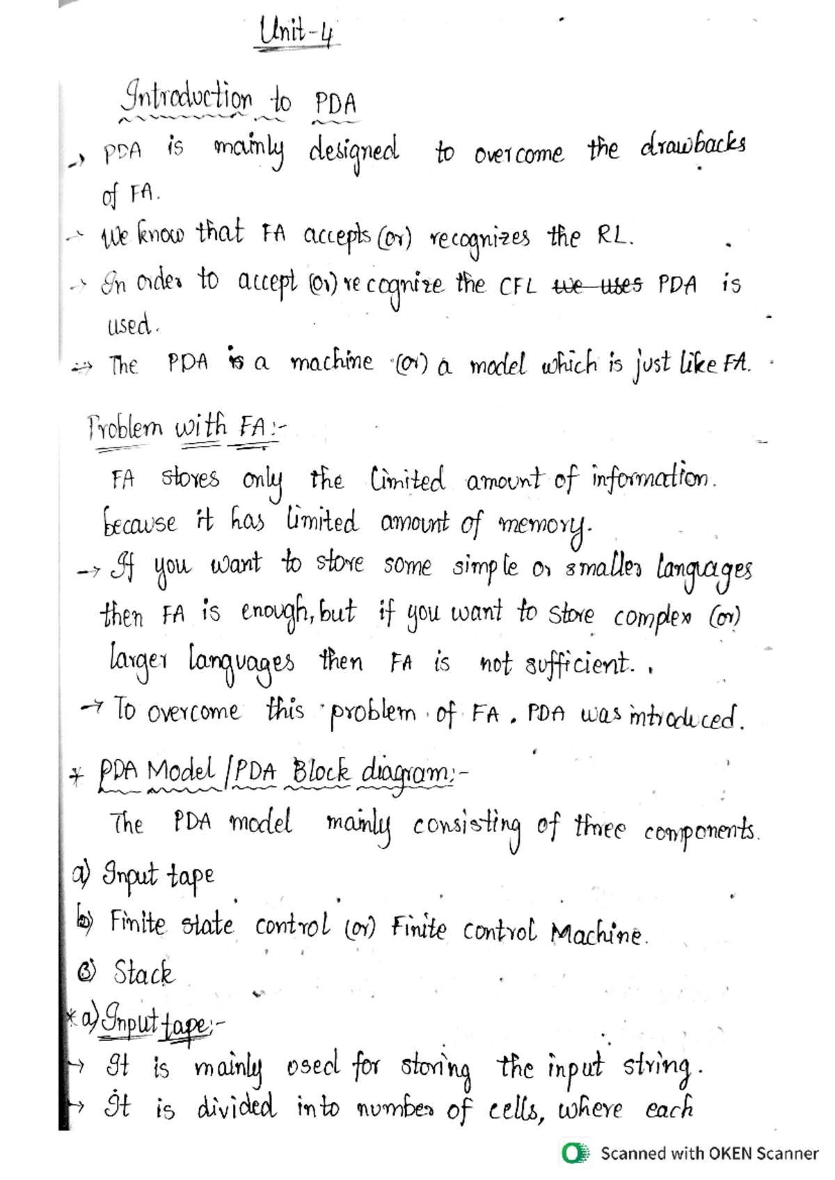 TOC Unit-4 - facuilty notes - Introduction to PDA PDA is mainly ...