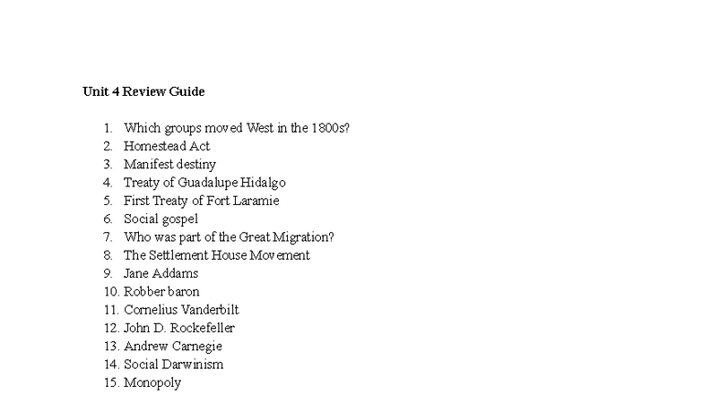 Unit 4 Review Guide: Key Themes in 19th-20th Century America - Studocu