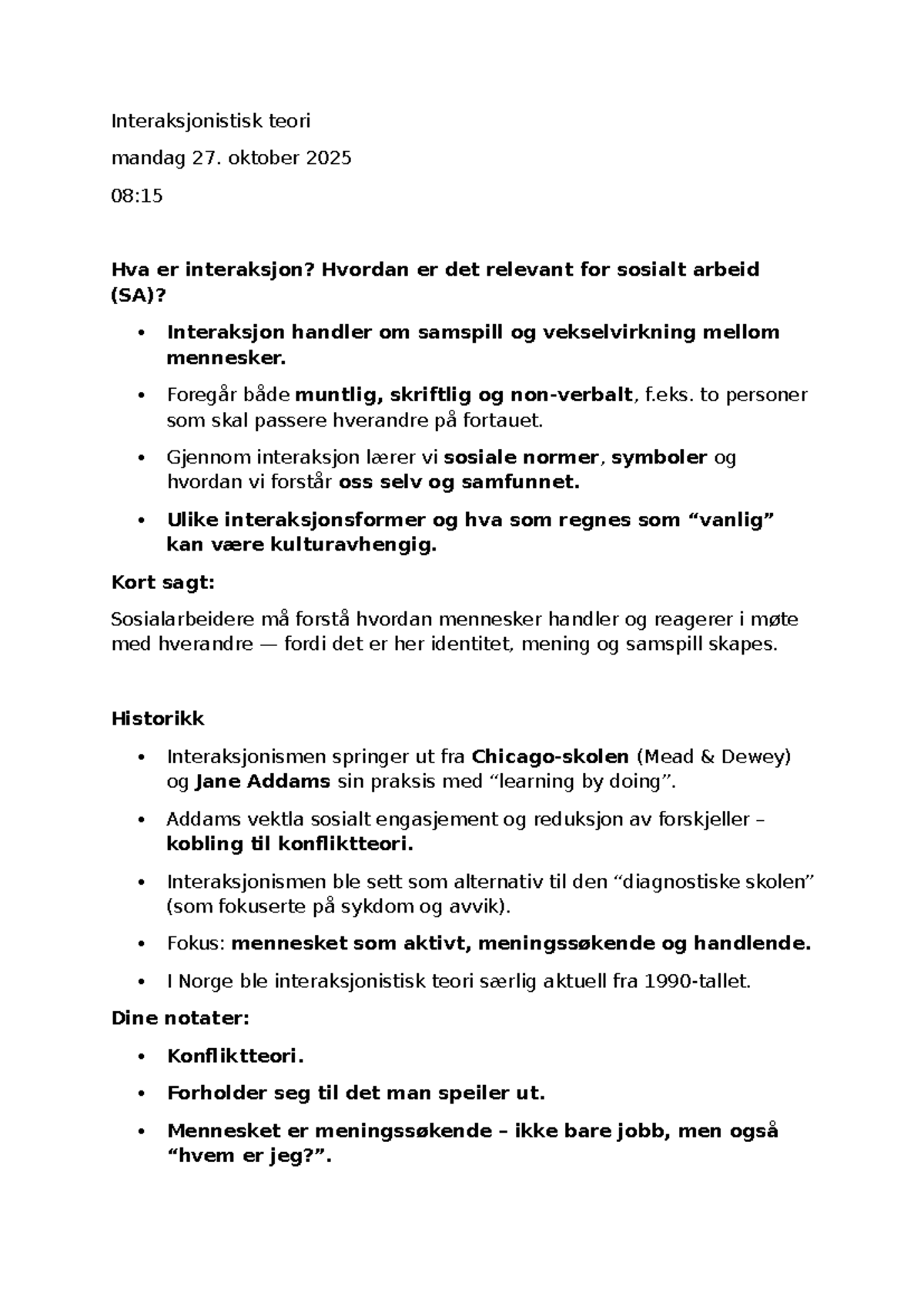 Interaksjonistisk Teori i Sosialt Arbeid: Forståelse av Samspill - Studocu