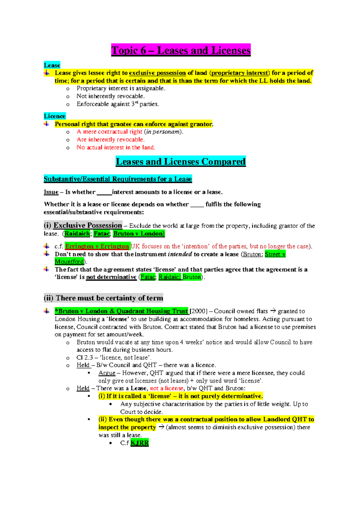 Leases and Licenses Summary: Key Concepts and Legal Principles - Studocu