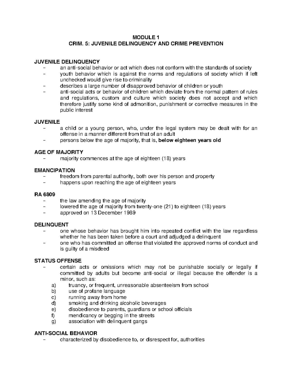 Module-midterm - Clear and spacious - MODULE 1 CRIM. 5: JUVENILE DELINQUENCY AND CRIME ...