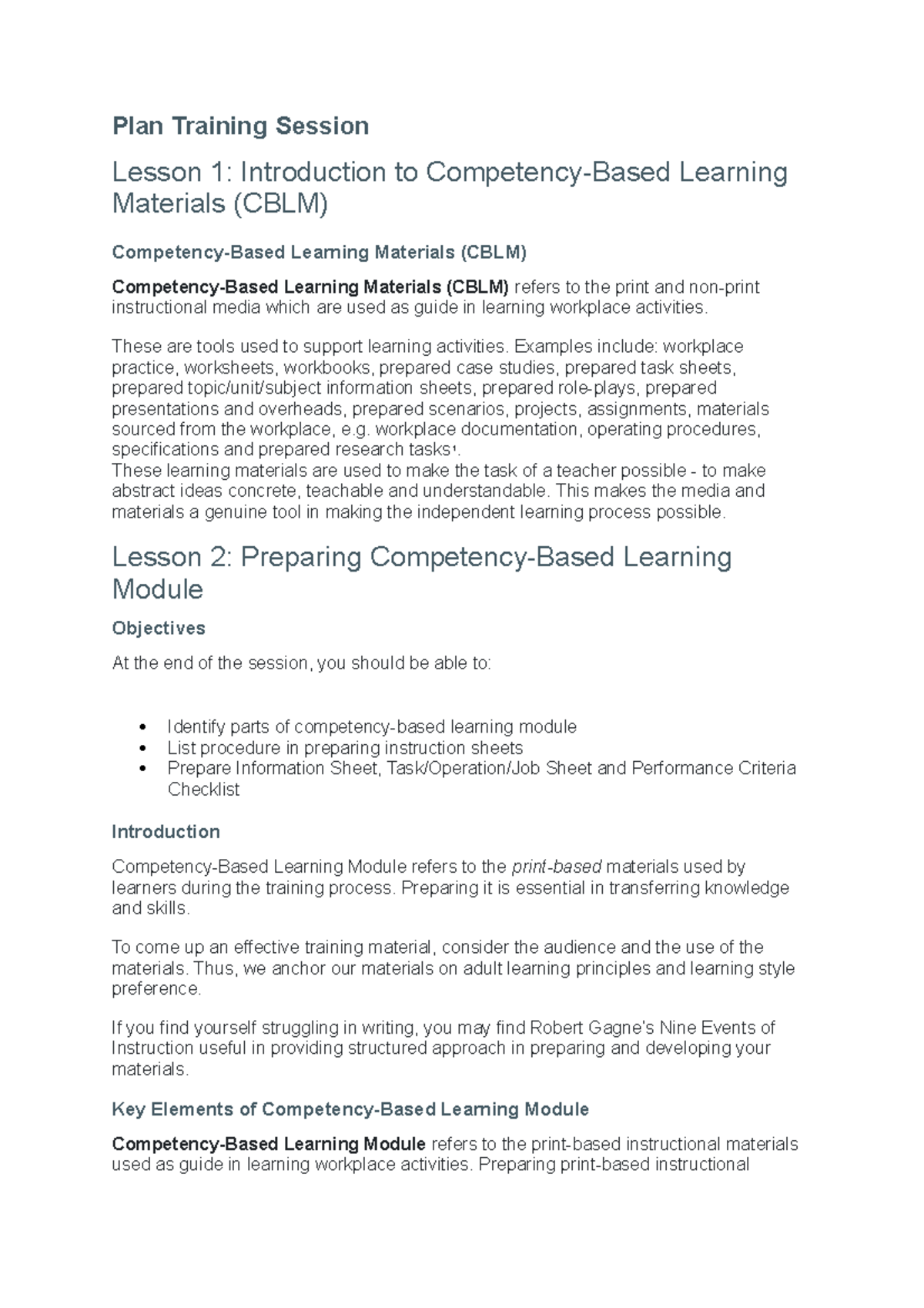 Plan Training Session - Plan Training Session Lesson 1: Introduction to ...