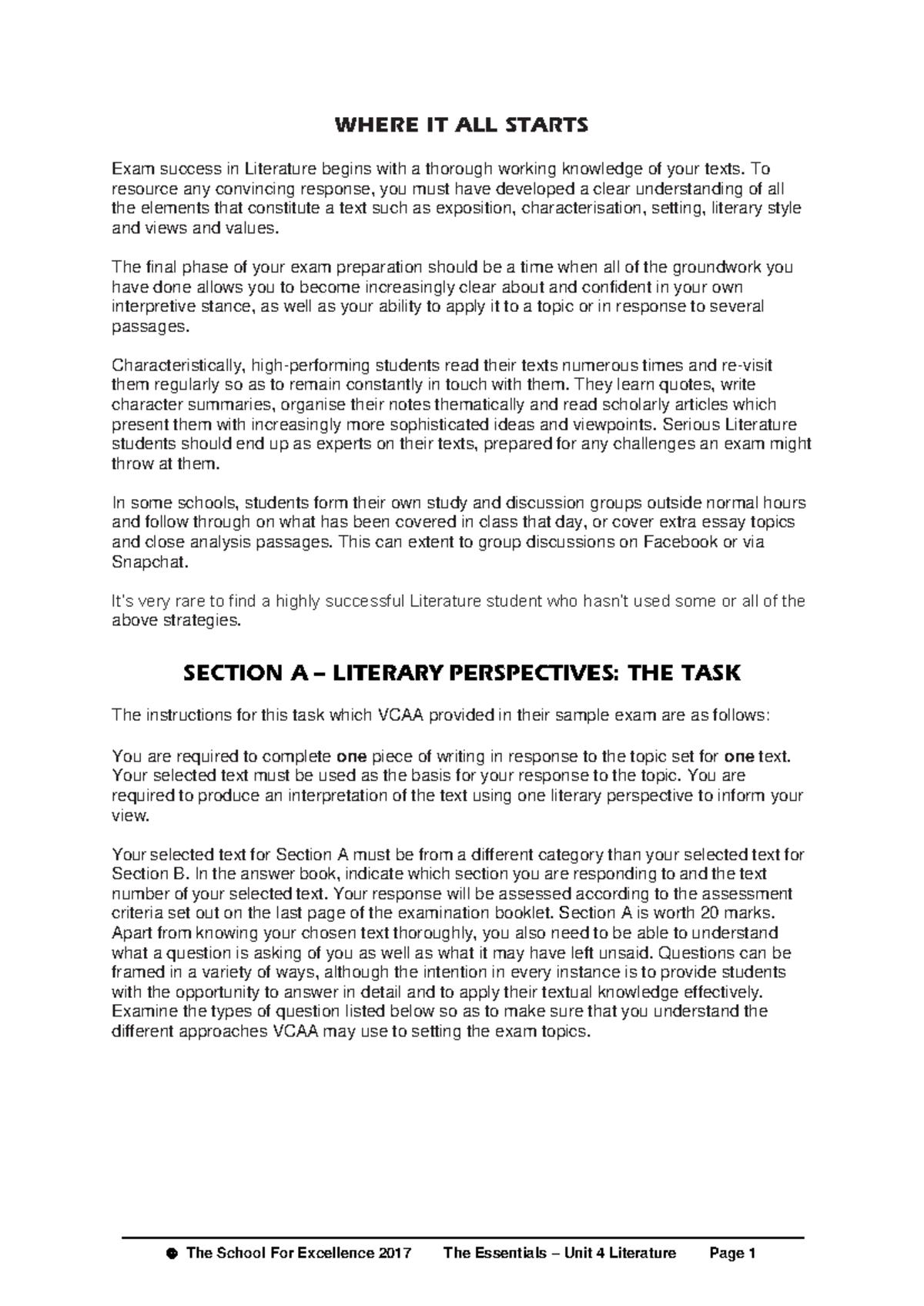 VCE ESS 2018 Literature Sample Exam Preparation Guide - Studocu