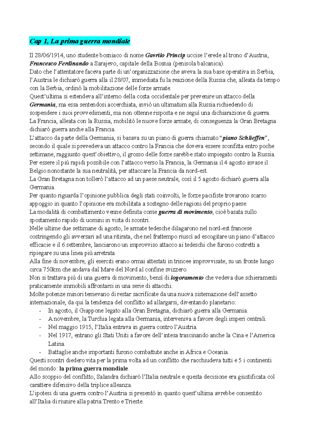 Cap 1: La Prima Guerra Mondiale - Riassunto 900 - Studocu