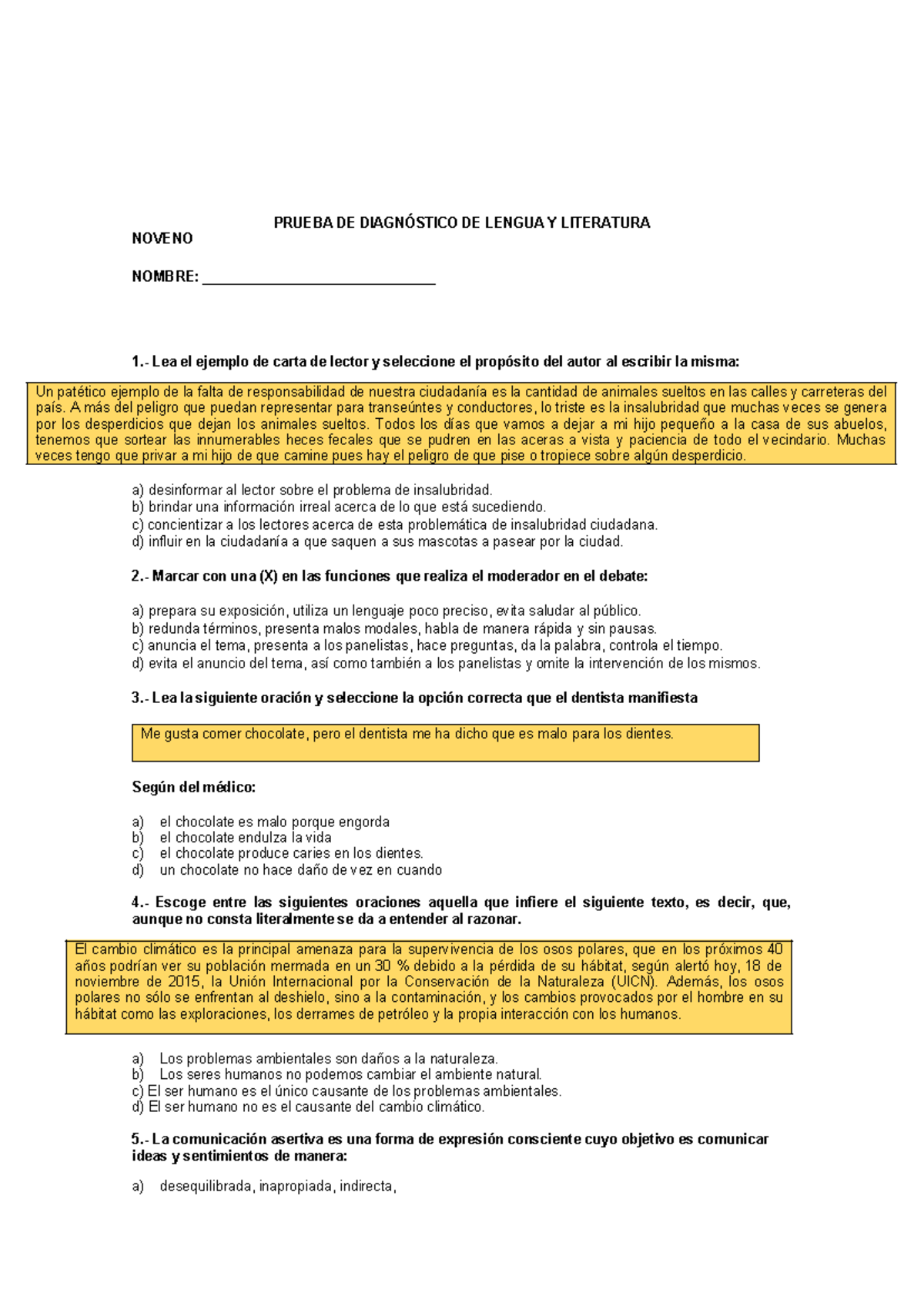 Examen de Lengua y Literatura 9°: Prueba Diagnóstica y Ejercicios - Studocu