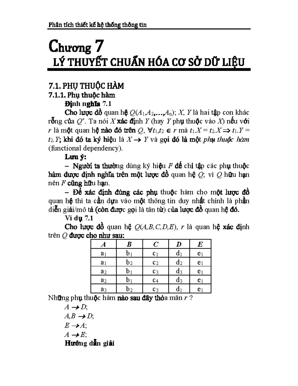 Chapter-7 Database-normalization-1 - nh n 7. quan h Q(A 1 ,A 2 An); X, Y là hai t p con khác r ...