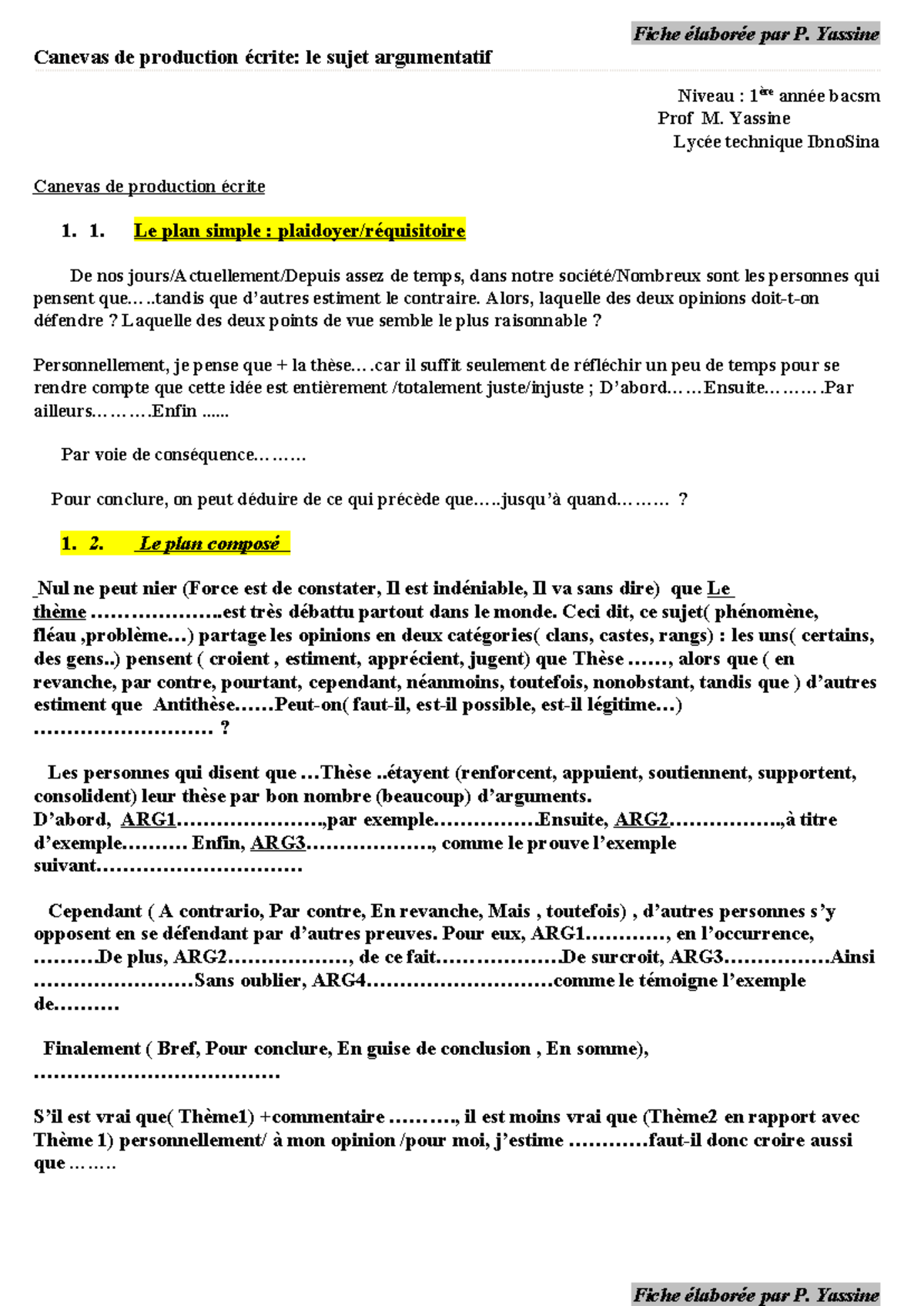 Canevas de Production Écrite: Plan Dialectique pour 1ère Bac SM - Studocu