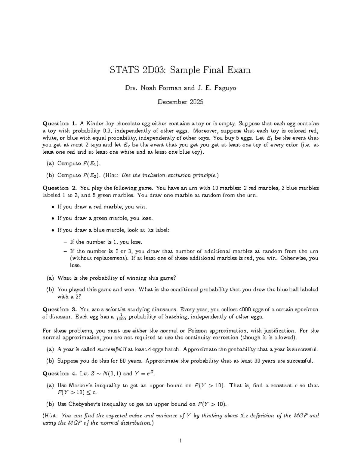 STATS 2D03: Comprehensive Sample Final Exam Guide - Studocu