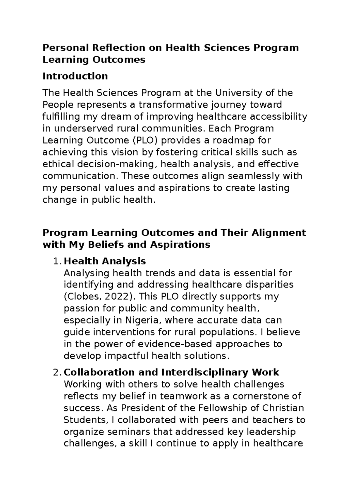 Personal Reflection on HSCI Learning Outcomes and Values - Studocu