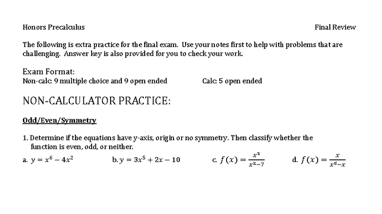 PCH 2020-2021 Final Exam Review for Honors Precalculus - Studocu