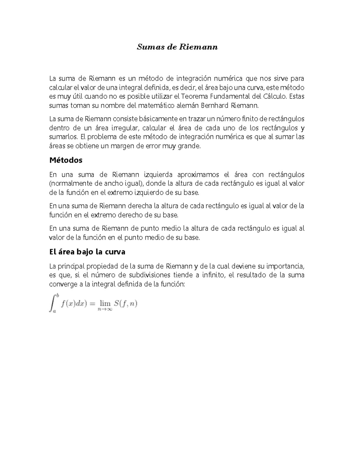 Sumas de Riemann: Método de Integración Numérica y Teoremas - Studocu