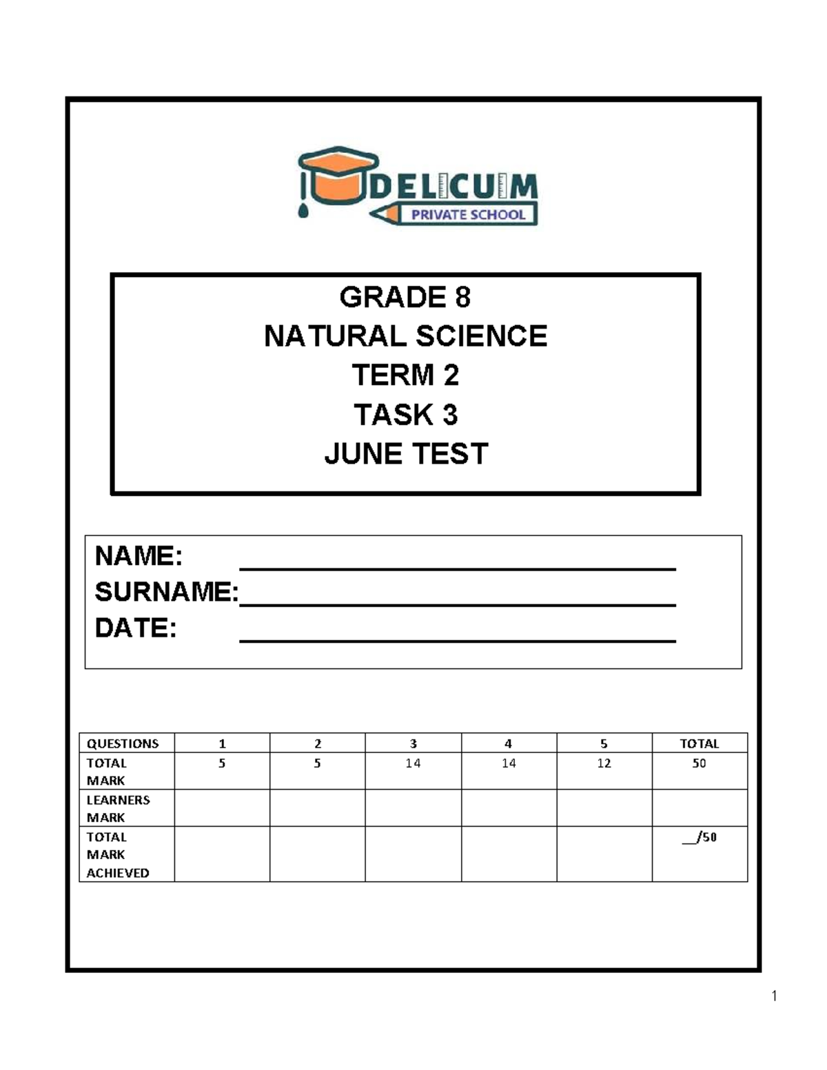Grade 8 Natural Science Term 2 June Test 2026 [Final] - Studocu