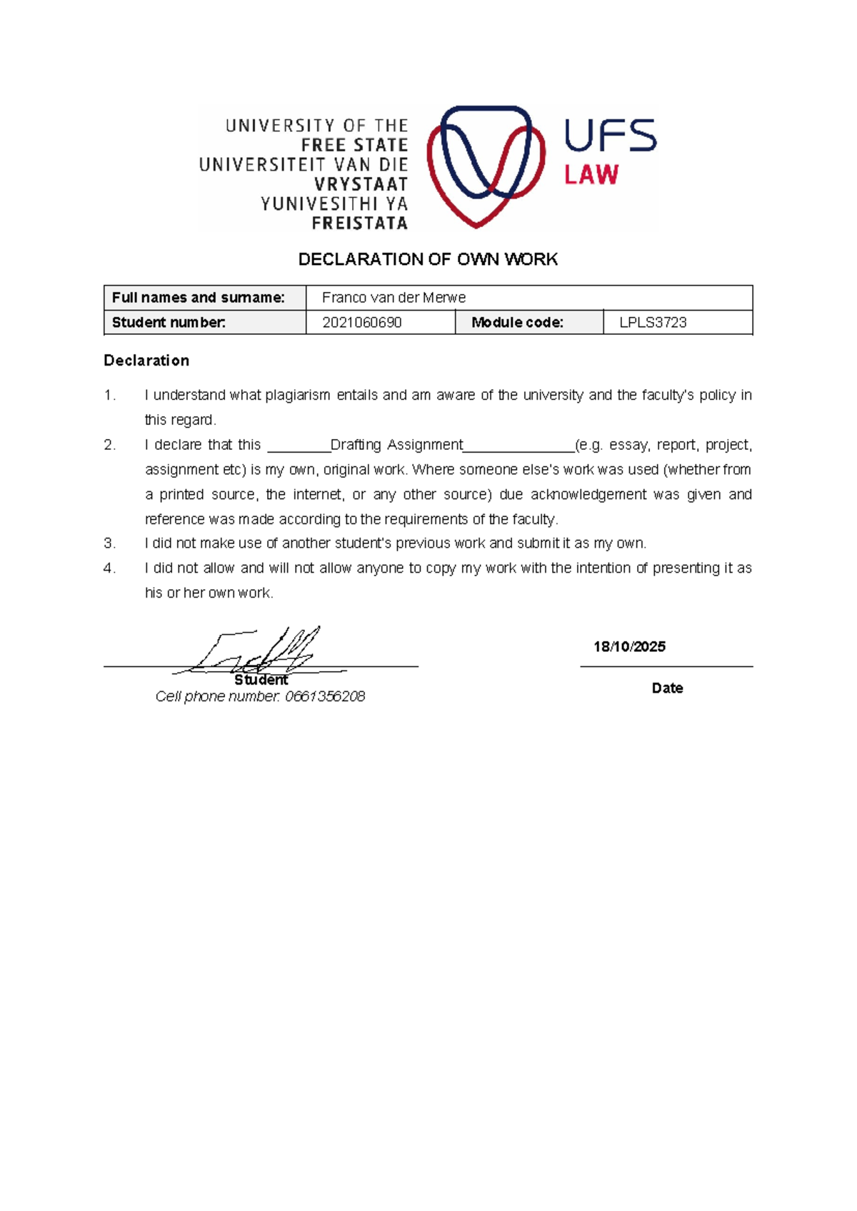 LPLS3723 Drafting Assignment: Declaration of Own Work and Plea - Studocu