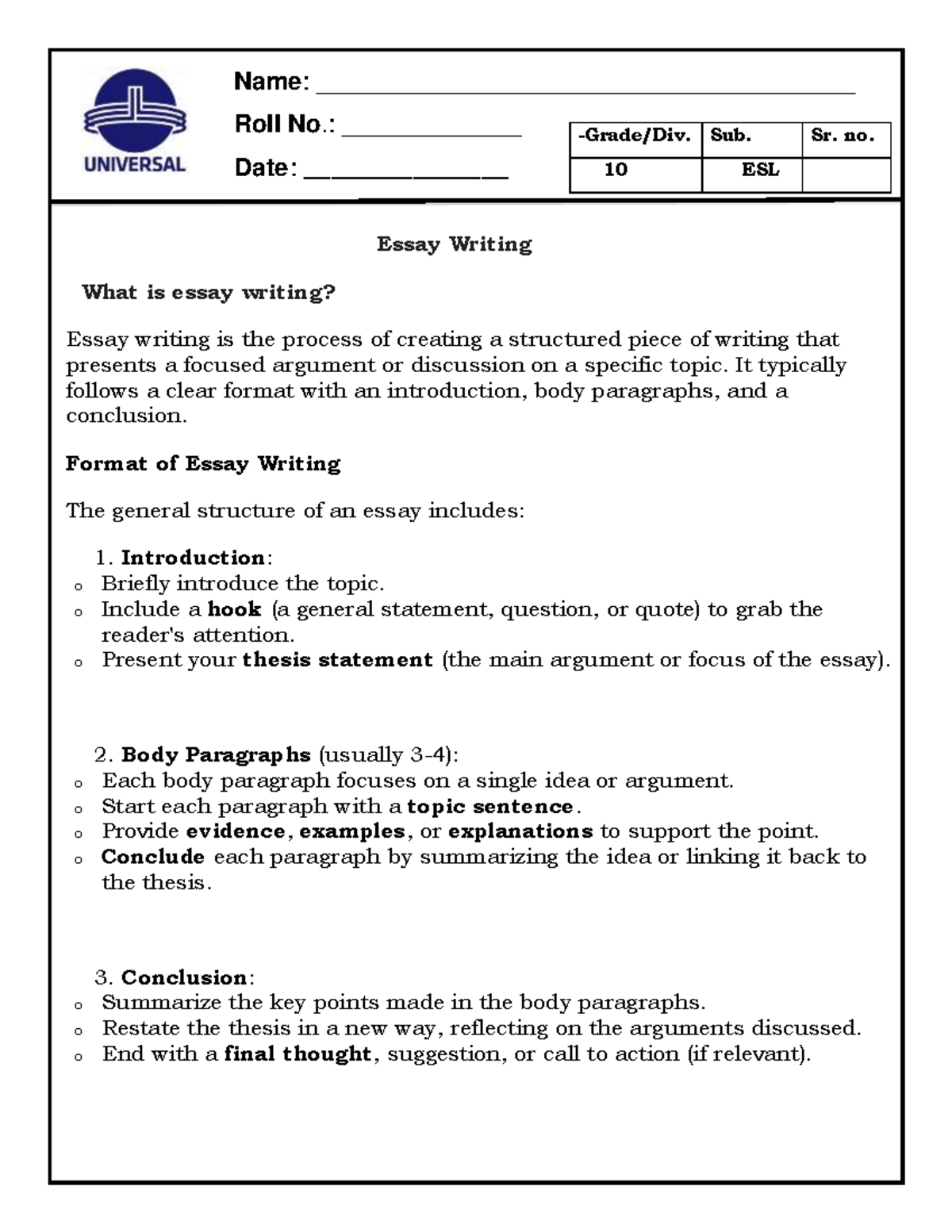 ESL Essay Writing Guide for Grade 10 Students - Studocu