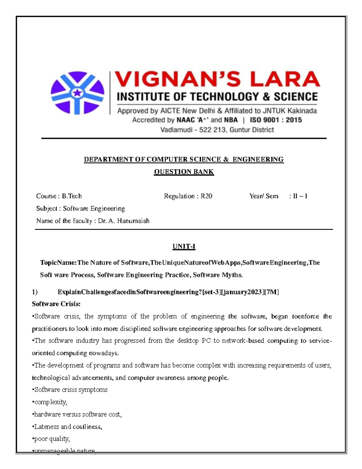 SE R20 II-I CSE Question Bank with Solutions - Software Engineering - Studocu